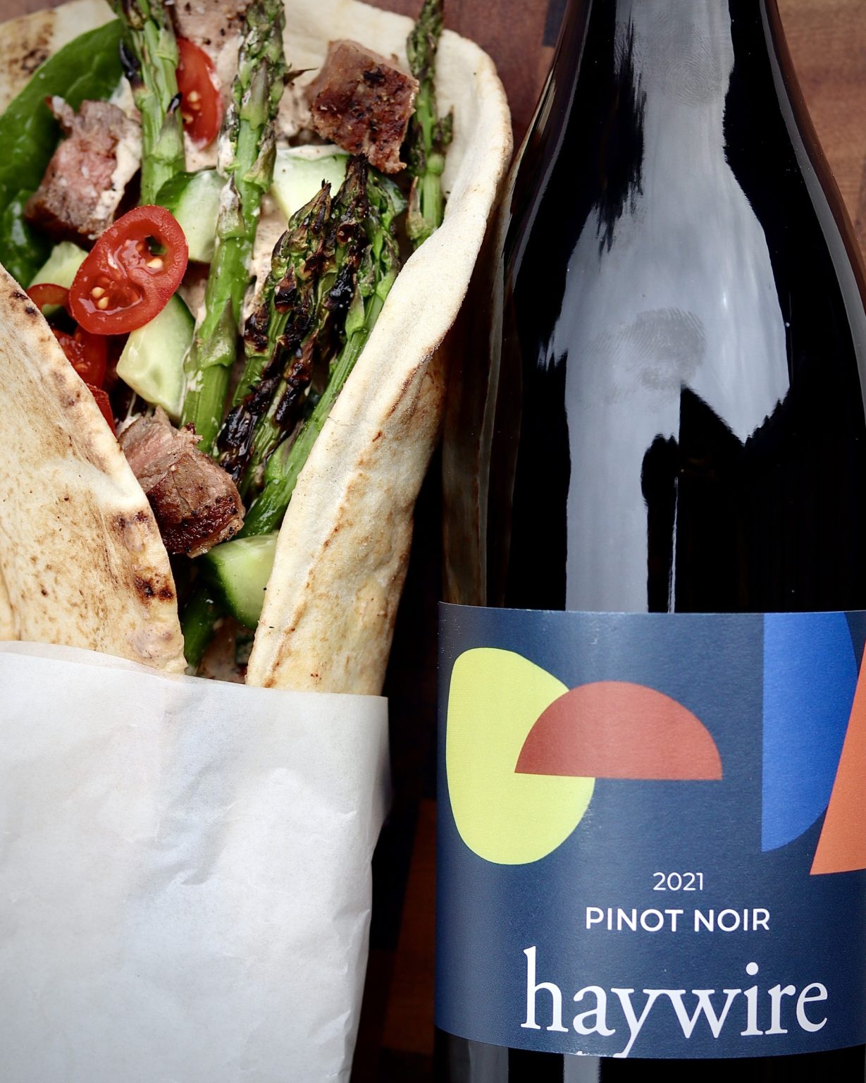 Ribeye Pita Wrap with Haywire Pinot Noir - Haywire Winery