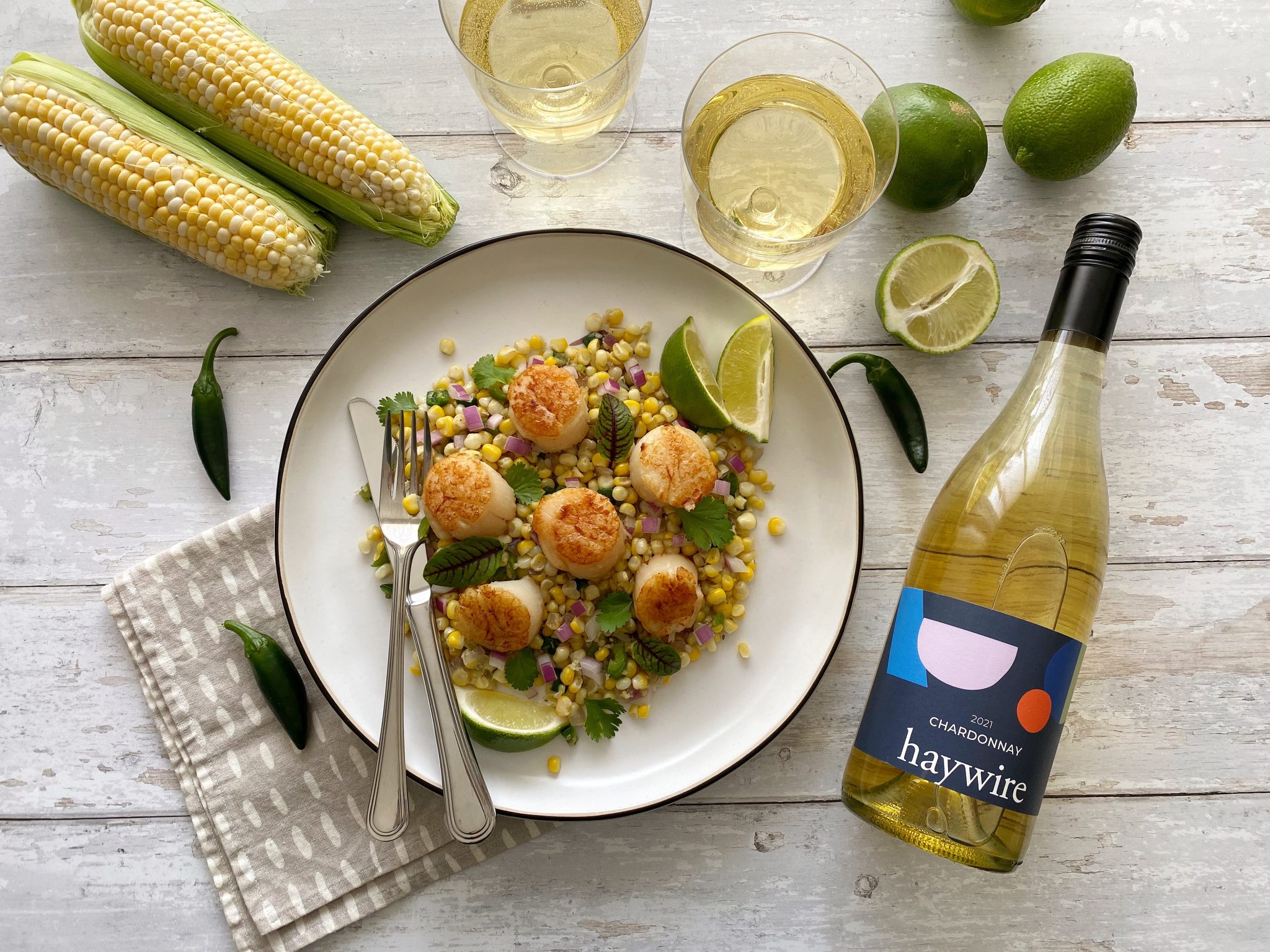 Summer Corn Salad with Pan-Seared Scallops and Haywire Chardonnay ...